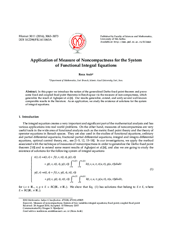 (PDF) Application of measure of noncompactness for the system of functional integral equations
