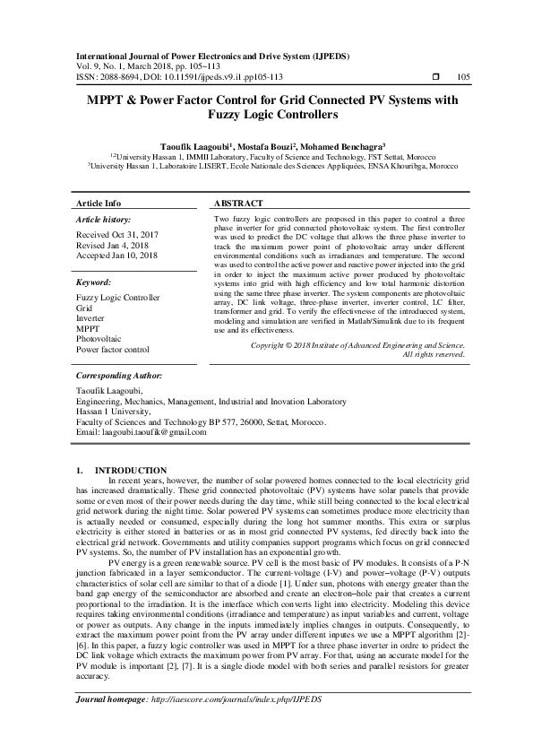 Pdf Mppt And Power Factor Control For Grid Connected Pv Systems With Fuzzy Logic Controllers
