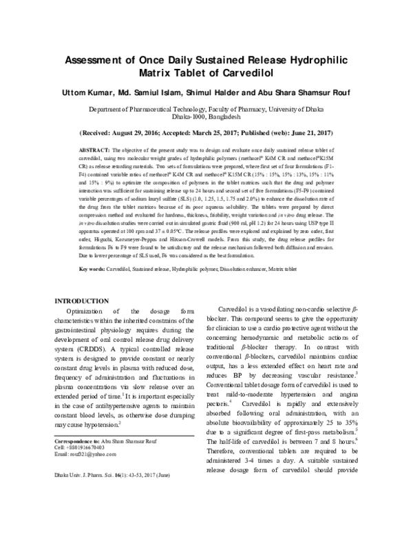 Pdf Assessment Of Once Daily Sustained Release Hydrophilic Matrix Tablet Of Carvedilol