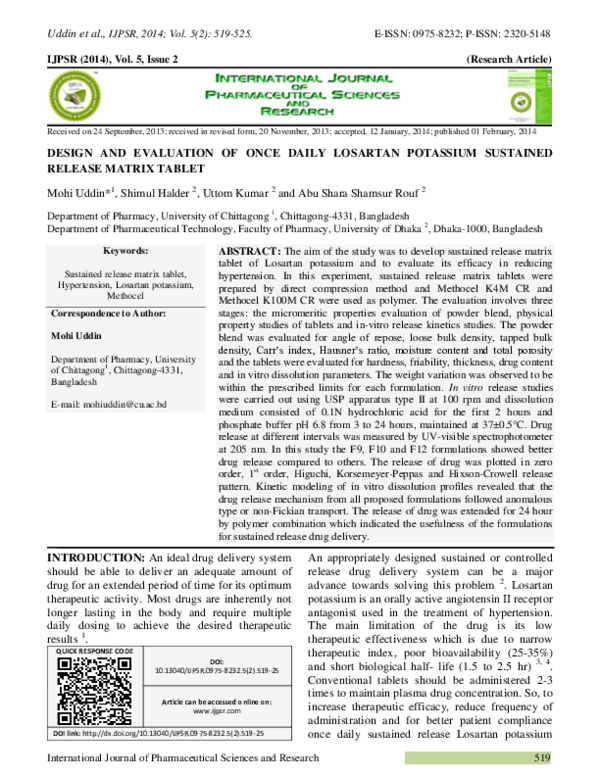 Pdf Design And Evaluation Of Once Daily Losartan Potassium Sustained Release Matrix Tablet