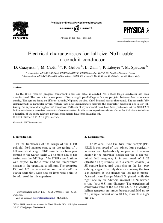 (PDF) Electrical characteristics for full size NbTi cable in conduit ...