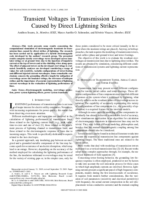 (PDF) Transient Voltages in Transmission Lines Caused by Direct Lightning Strikes