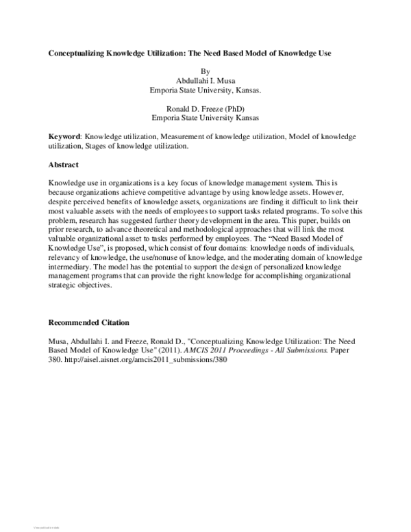 (PDF) Conceptualizing Knowledge Utilization: The Need Based Model of ...