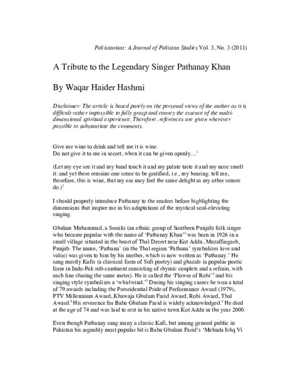 (PDF) A Tribute to the Legendary Singer Pathanay Khan