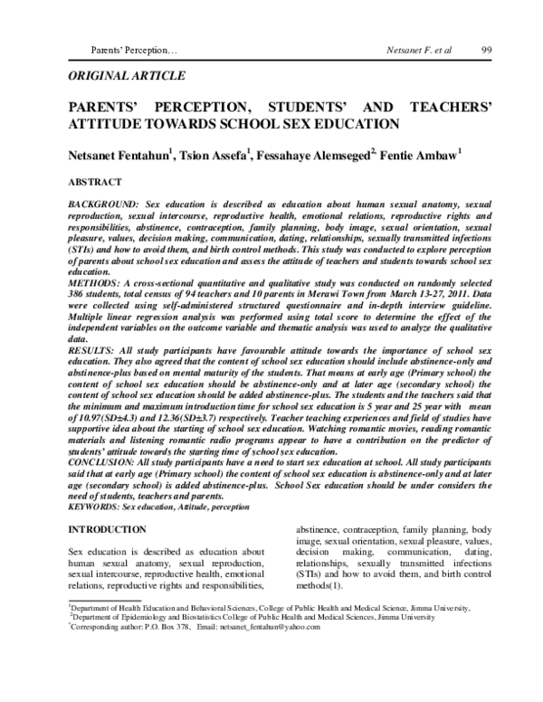 (PDF) Parents' perception, students' and teachers' attitude towards school sex education