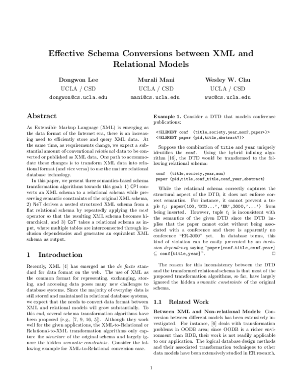 Eective Schema Conversions Between Xml And Relational Models