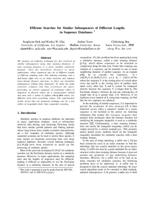 (PDF) Efficient searches for similar subsequences of different lengths in sequence databases