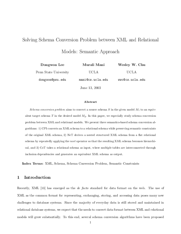 (PDF) Solving Schema Conversion Problem between XML and Relational Models: Semantic Approach