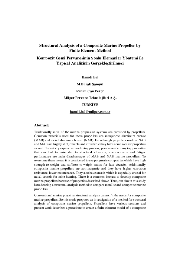 (PDF) Structural Analysis of a Composite Marine Propeller by Finite Element Method