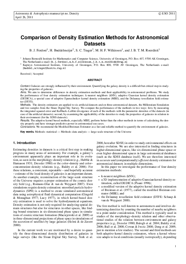 Pdf Comparison Of Density Estimation Methods For Astronomical Datasets
