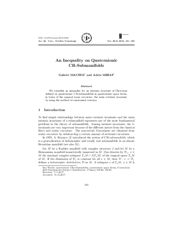(PDF) An Inequality on Quaternionic CR-Submanifolds
