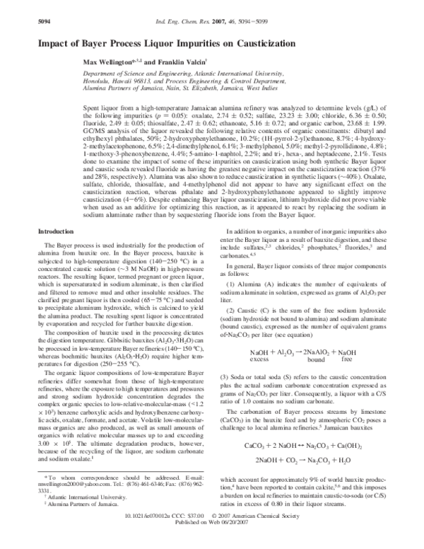 (PDF) Impact of Bayer Process Liquor Impurities on Causticization