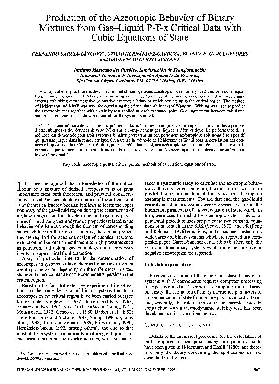 (PDF) Prediction of the azeotropic behavior of binary mixtures from gas-Liquid P-T-x critical ...