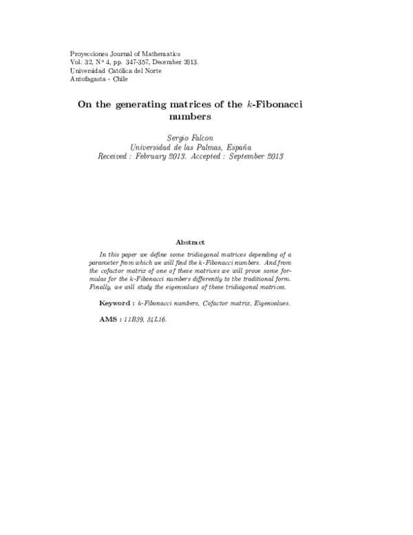(PDF) On the generating matrices of the Κ-Fibonacci numbers