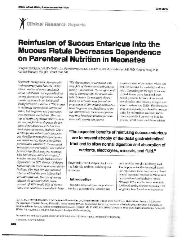 (PDF) Reinfusion of Succus Entericus Into the Mucous Fistula Decreases ...