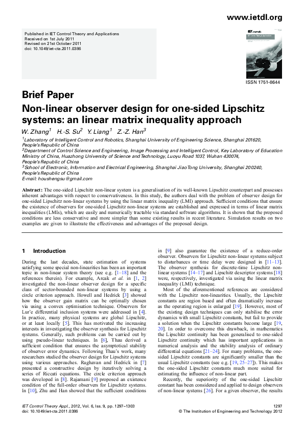 (PDF) Non-linear observer design for one-sided Lipschitz systems: an ...