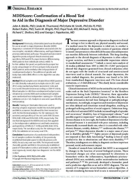 (PDF) MDDScore: confirmation of a blood test to aid in the diagnosis of ...