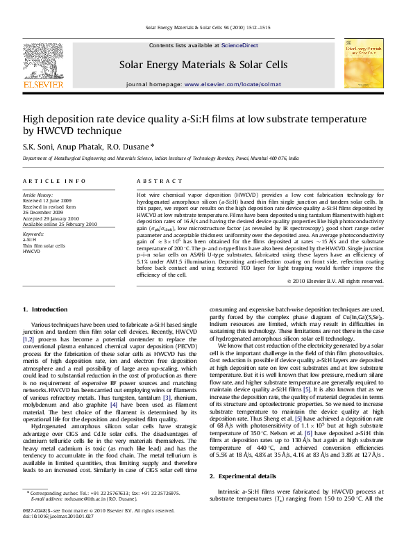 (PDF) High deposition rate device quality a-Si:H films at low substrate ...