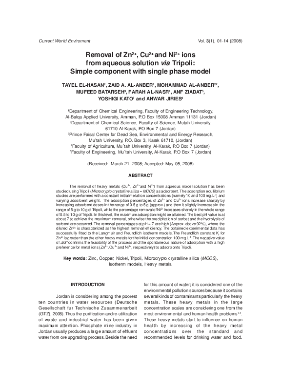 (PDF) Removal of Zn2+, Cu2+ and Ni2+ ions from aqueous solution via Tripoli: Simple component ...