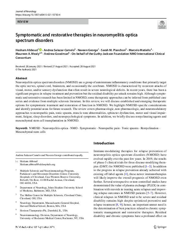 (PDF) Symptomatic and restorative therapies in neuromyelitis optica spectrum disorders