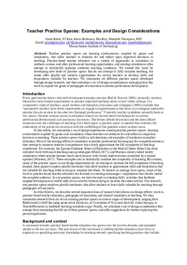 (PDF) Teacher Practice Spaces: Examples and Design Considerations
