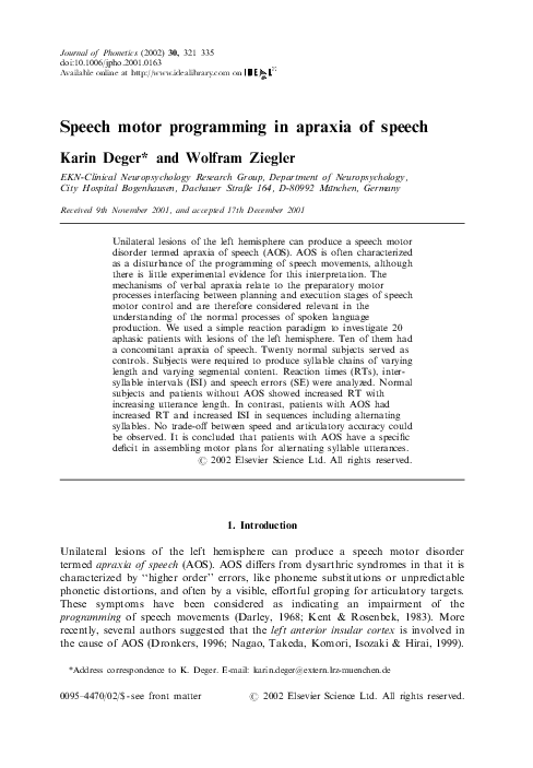 (PDF) Speech motor programming in apraxia of speech