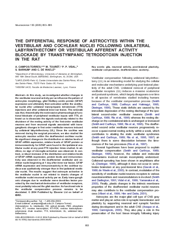 (PDF) The differential response of astrocytes within the vestibular and ...