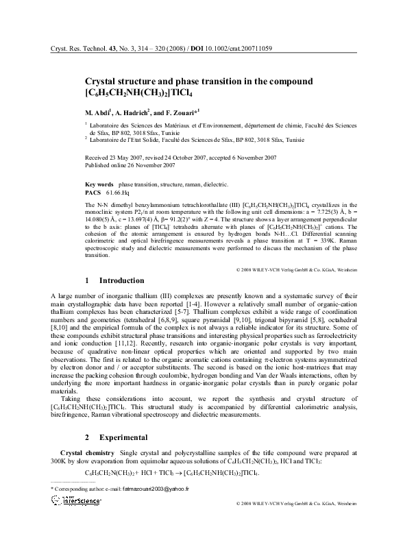 (PDF) Crystal structure and phase transition in the compound [C6H5CH2NH ...