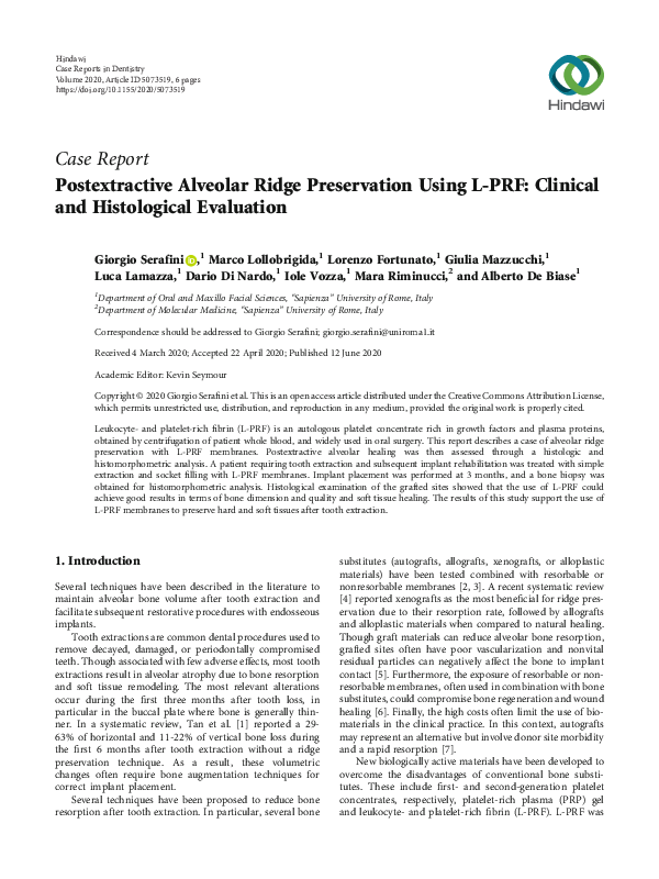 (PDF) Postextractive Alveolar Ridge Preservation Using L-PRF: Clinical ...
