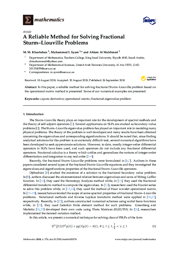 (PDF) A Reliable Method for Solving Fractional Sturm–Liouville Problems