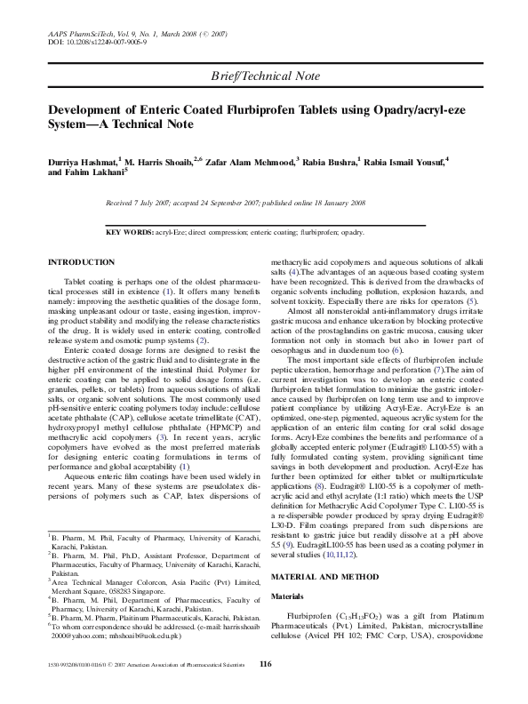 Pdf Development Of Enteric Coated Flurbiprofen Tablets Using Opadry Acryl Eze System A