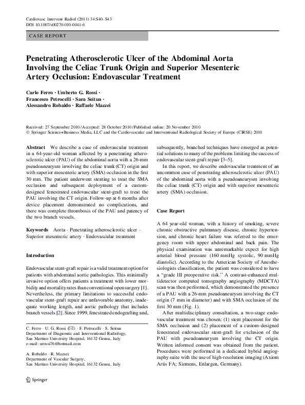 (PDF) Penetrating Atherosclerotic Ulcer of the Abdominal Aorta Involving the Celiac Trunk Origin ...