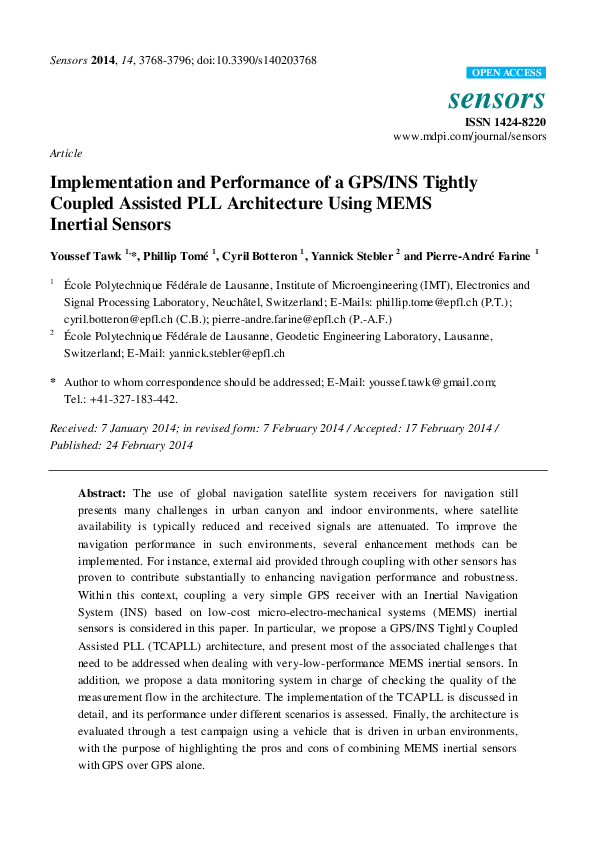 (PDF) Implementation and Performance of a GPS/INS Tightly Coupled Assisted PLL Architecture ...