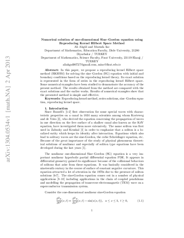 Pdf Numerical Solution Of One Dimensional Sine Gordon Equation Using