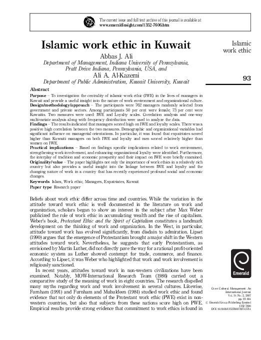 (PDF) Islamic work ethic in Kuwait | abbas ali - Academia.edu