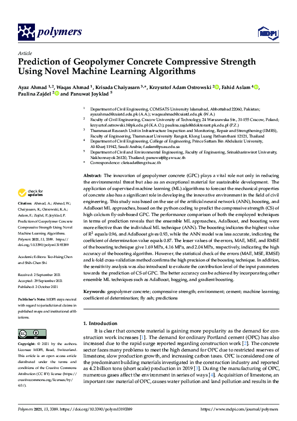 (PDF) Prediction of Geopolymer Concrete Compressive Strength Using Novel Machine Learning Algorithms