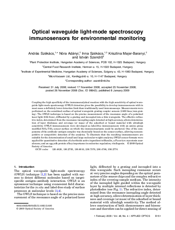 (PDF) Optical waveguide light-mode spectroscopy immunosensors for environmental monitoring