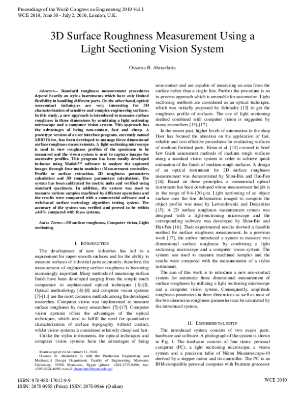 (PDF) 3D Surface Roughness Measurement Using a Light Sectioning Vision ...