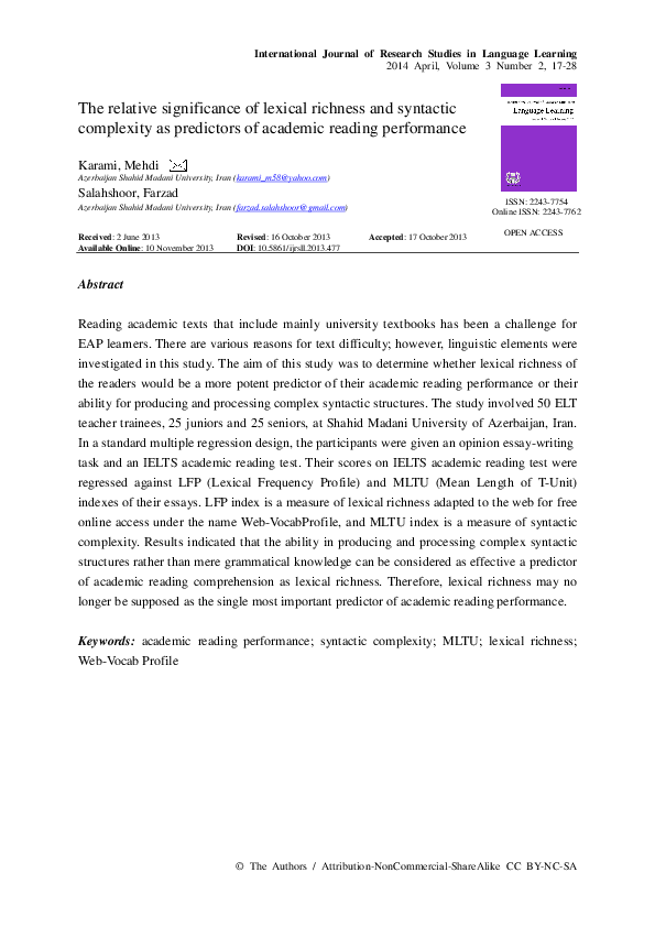 Pdf The Relative Significance Of Lexical Richness And Syntactic Complexity As Predictors Of