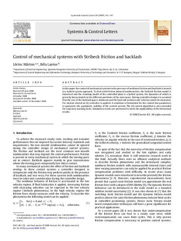 (PDF) Control of mechanical systems with Stribeck friction and backlash