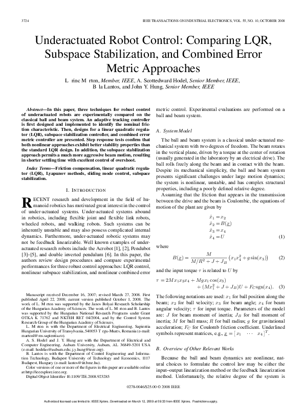 (PDF) Underactuated robot control: comparing LQR, subspace stabilization, and combined error ...