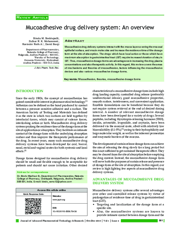 (PDF) Mucoadhesive drug delivery system: An overview