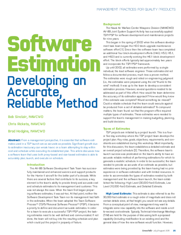 (PDF) Software Estimation: Developing an Accurate, Reliable Method