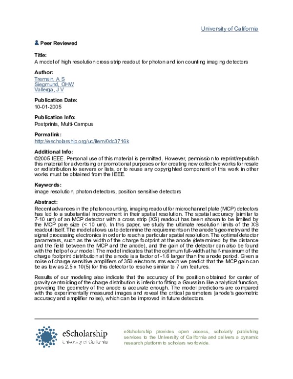 (PDF) A model of high resolution cross strip readout for photon and ion counting imaging detectors