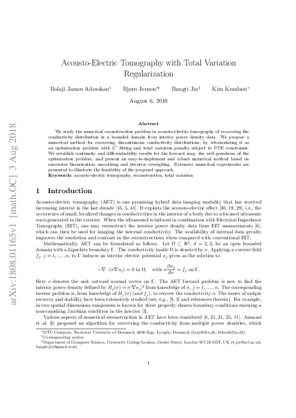(PDF) Acousto-Electric Tomography with Total Variation Regularization