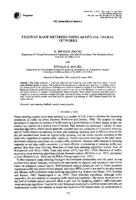 (PDF) Freeway ramp metering using artificial neural networks