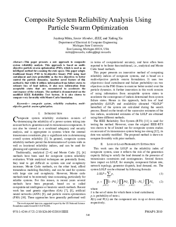 Pdf Composite System Reliability Analysis Using Particle Swarm Optimization 