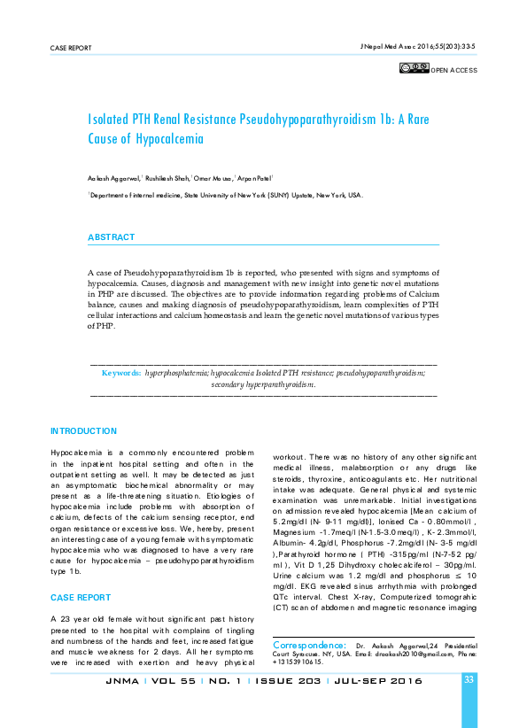 (PDF) Isolated PTH Renal Resistance Pseudo Hypo Parathyroidism 1b: A ...