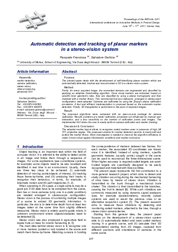 Pdf Automatic Detection And Tracking Of Planar Markers In A Stereo