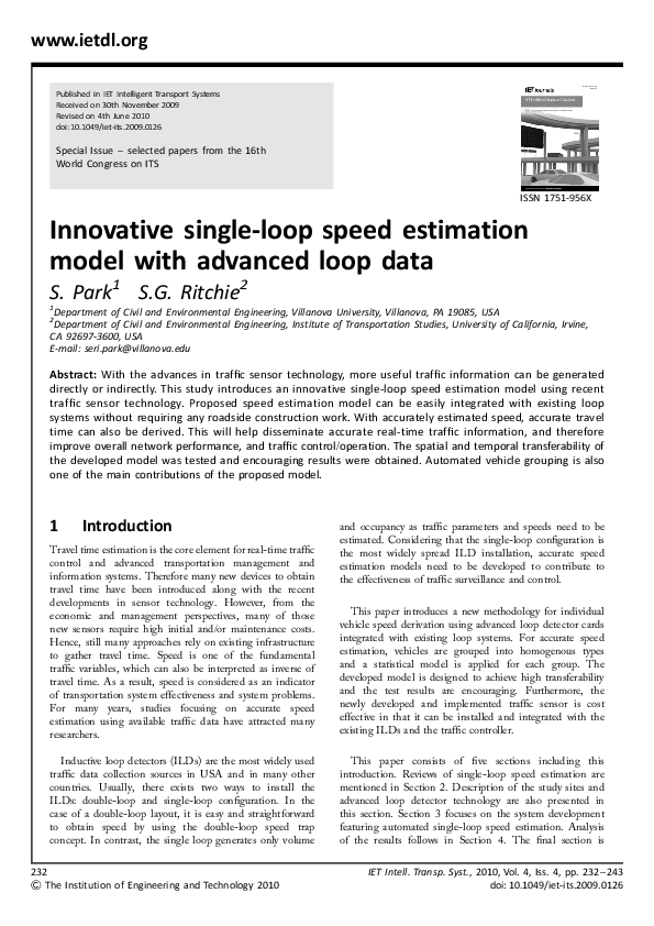 (PDF) Innovative single-loop speed estimation model with advanced loop data
